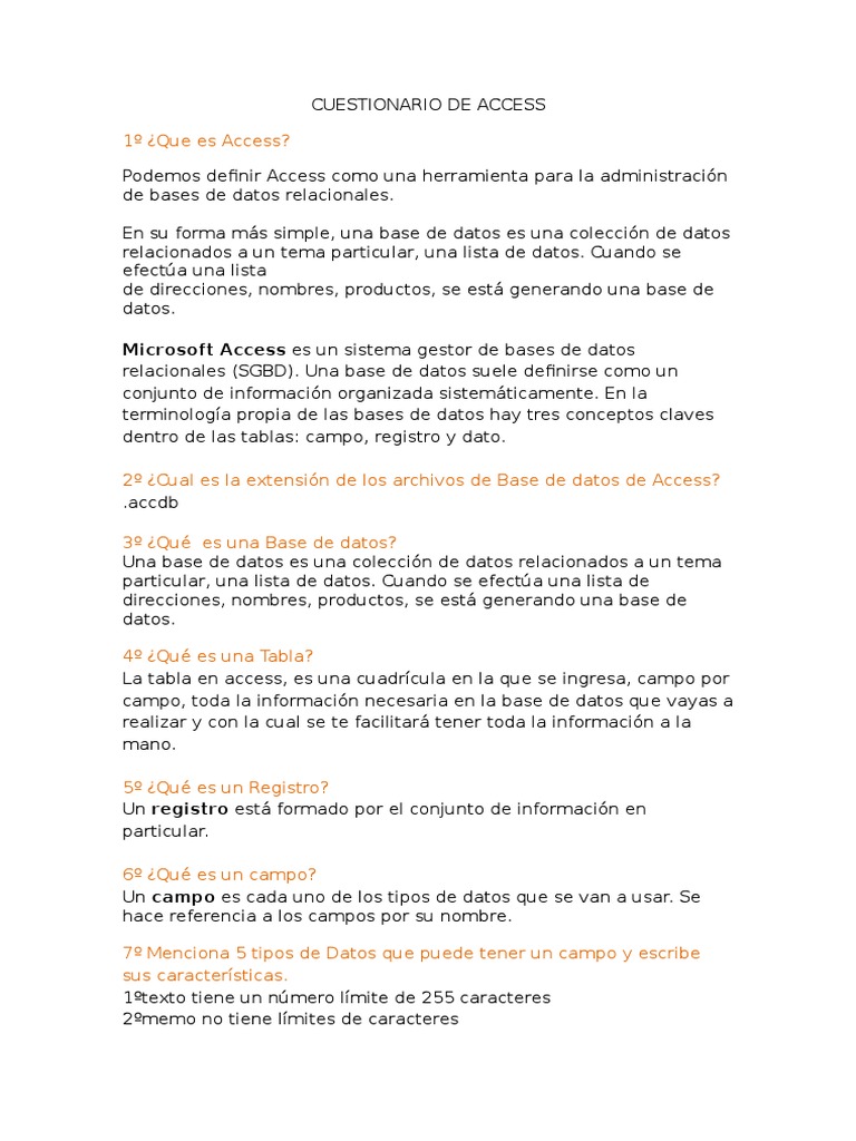 Cuestionario de Access | PDF | Tabla (base de datos) | Bases de datos