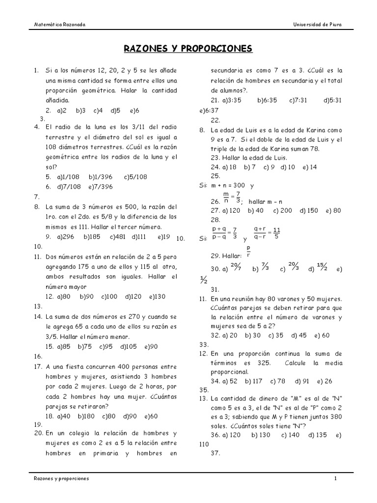 Razones y Proporciones | PDF | Proporción | Números