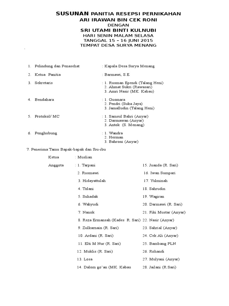 Contoh Susunan Panitia Resepsi Pernikahan | PDF