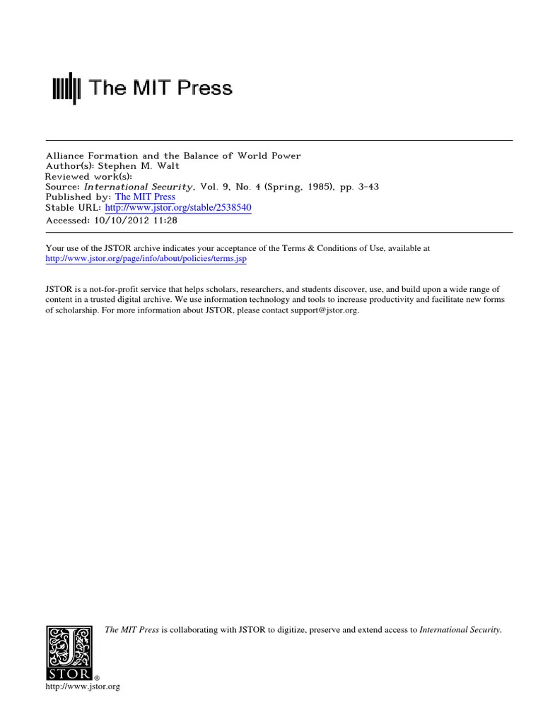 Alliance Formation and The Balance of World Power - Stephen Walt (1985 ...