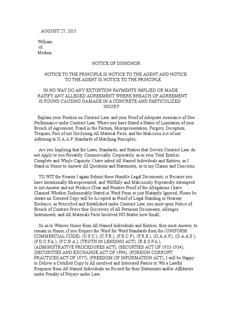 Notice of Dishonor | Misrepresentation | Evidence (Law)