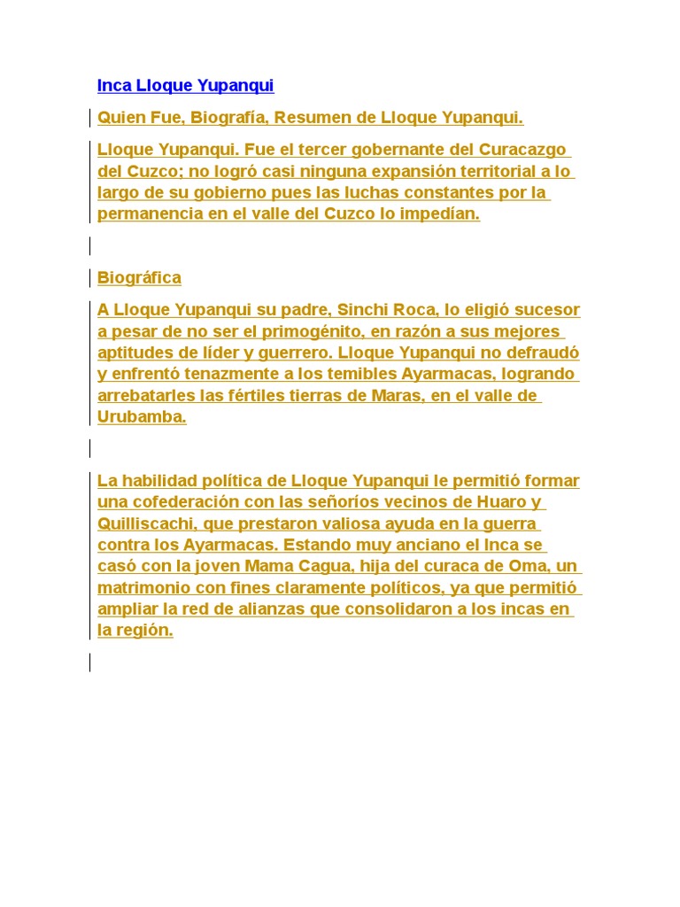 Inca Lloque Yupanqui | PDF | Imperio Inca | Conflicto armado