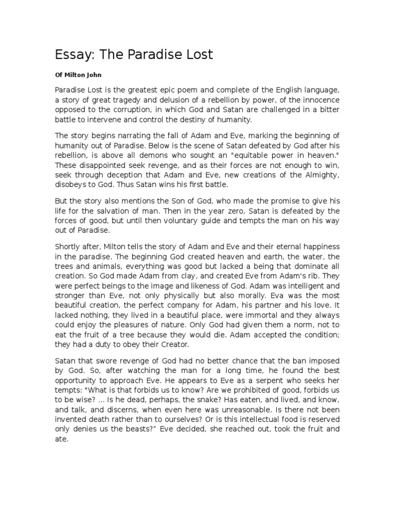 190151516 Essay the Paradise Lost1 | Paradise Lost | Adam And Eve