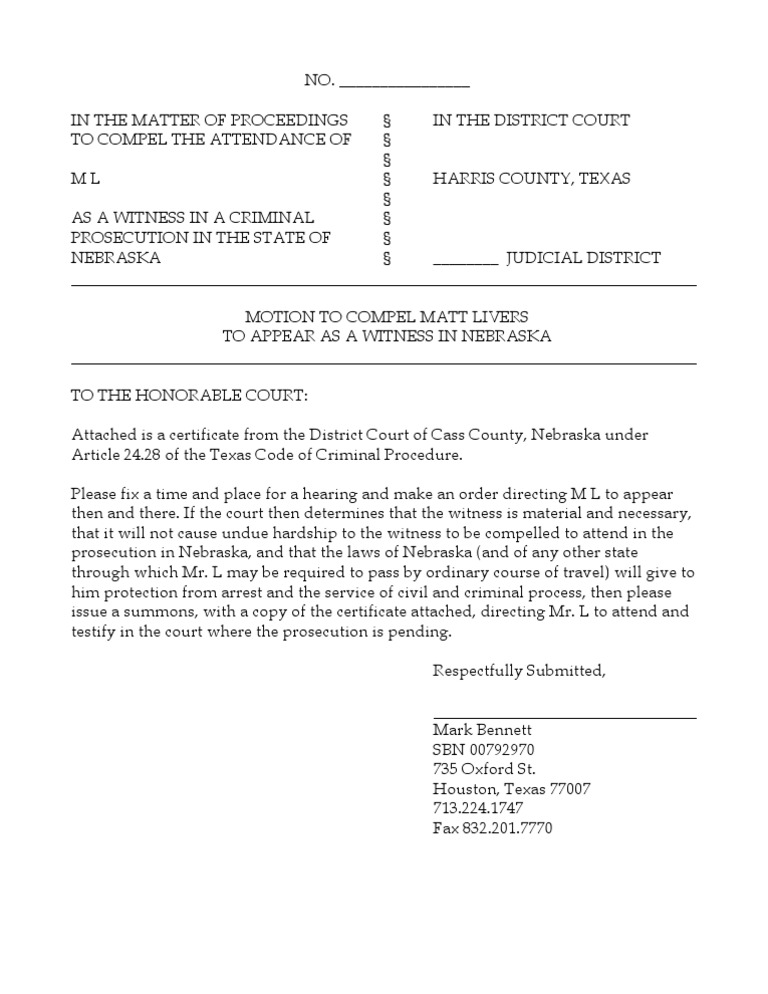 Motion to Compel Witness in Nebraska | PDF