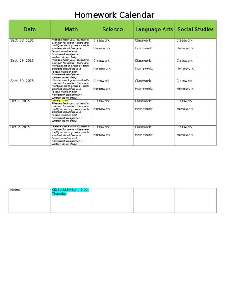 Weekly Homework Calendar Template | PDF