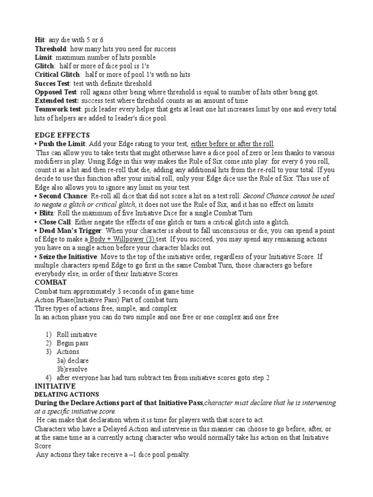 Shadowrun Cheatsheet Basics and Combat | PDF | Projectile Weapons ...