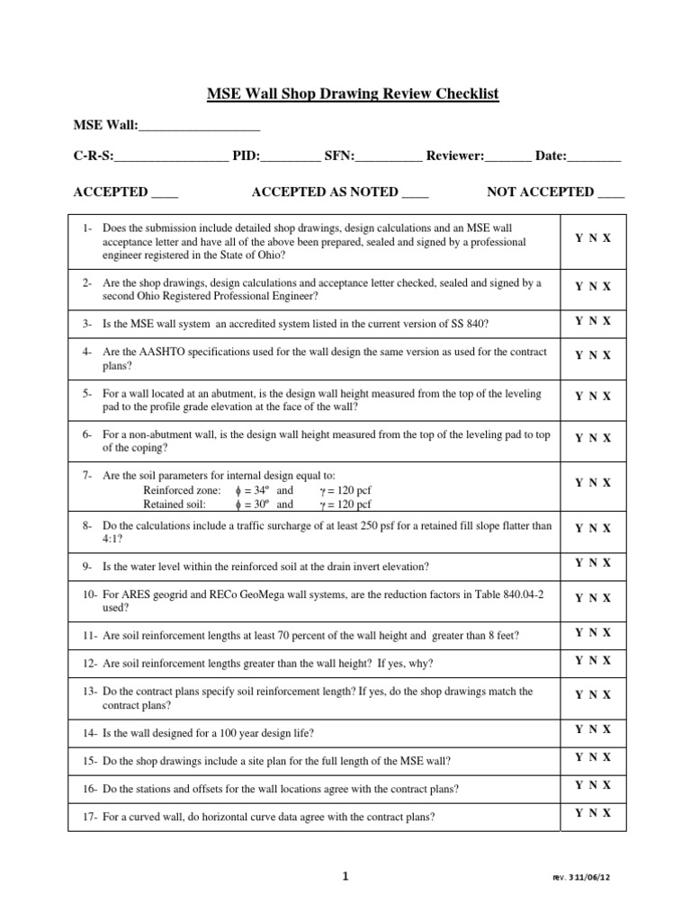 MSE Wall Shop Drawing Checklist (Rev 3) | Ingeniería | Ingeniería de ...