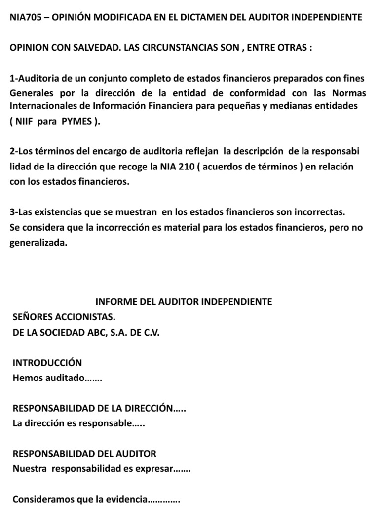Nia 705 Opinion Modificada en El Dictamen Del Auditor | normas ...