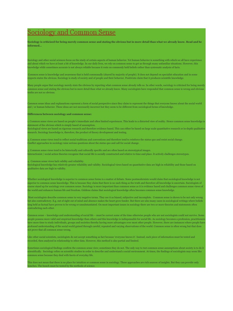 Sociology vs. Common Sense: Key Differences | PDF | Common Sense ...