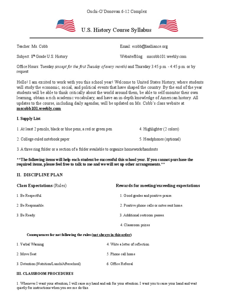 8th Grade U.S. History Syllabus | PDF | Further Education | Schools
