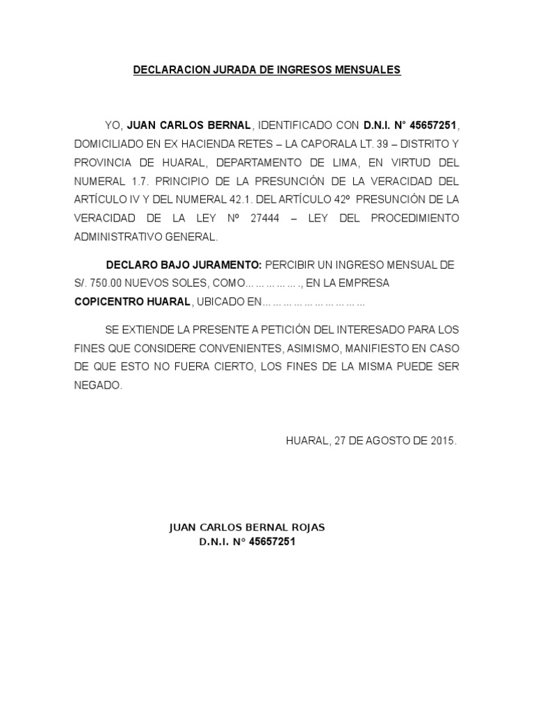 Declaracion Jurada de Ingresos Mensuales | PDF