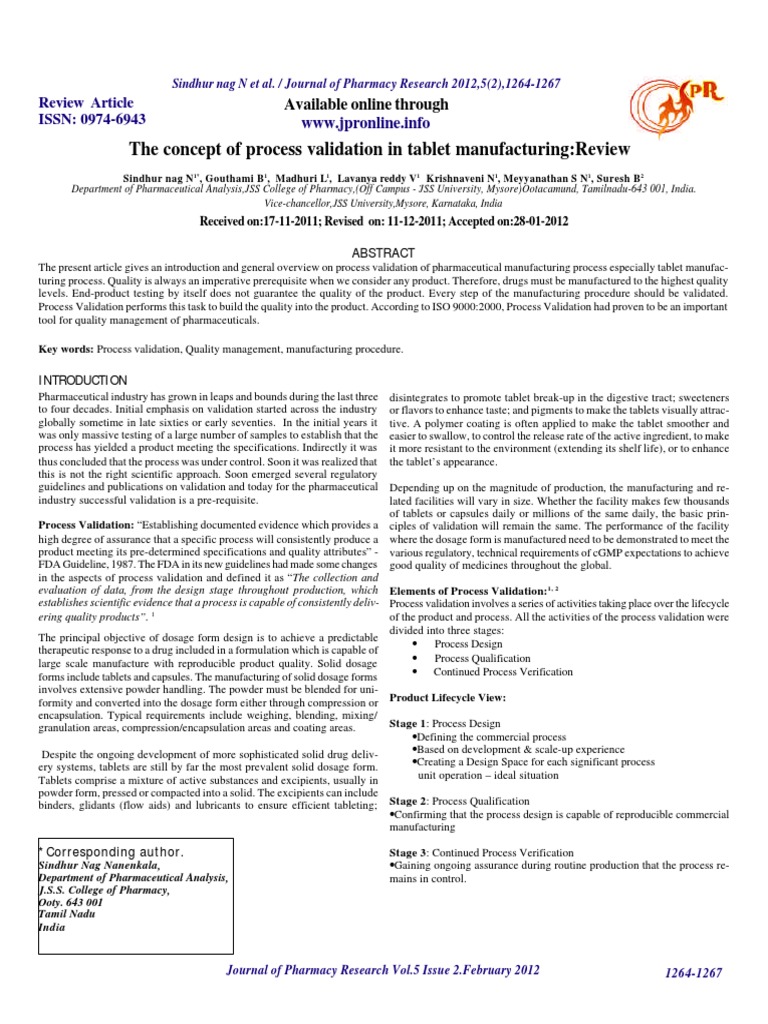 The Concept of Process Validation in Tablet Manufacturing | PDF ...