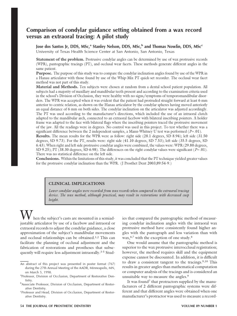 Comparision of Condylar Guidance Setting Obtained From A Wax Record Vs ...