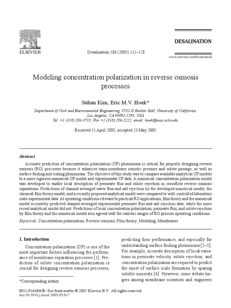 Modeling Concentration Polarization In Reverse Osmosis Processes Pdf Download Free Pdf