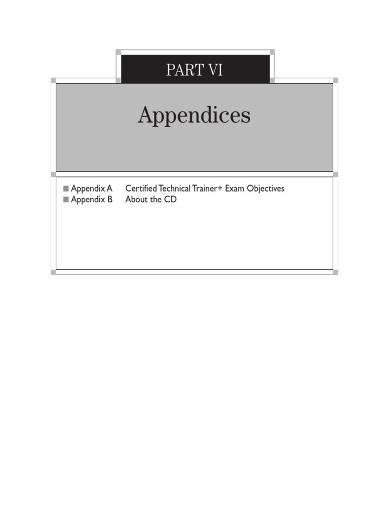 Appendices: Appendix A Certified Technical Trainer+ Exam Objectives ...