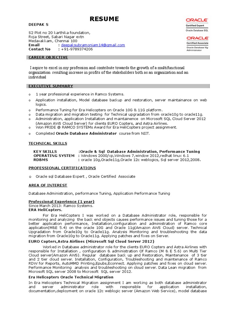 Oracle DBA Sample Resume | PDF | Oracle Database | Databases