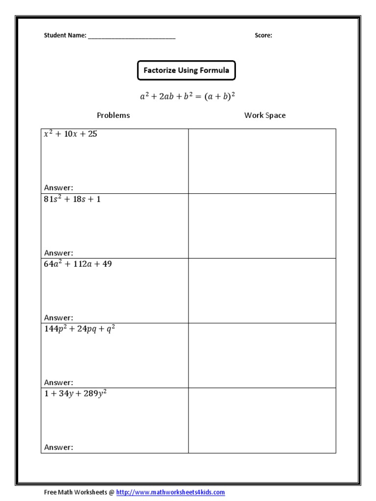 A+B Whole Square Math Worksheet | PDF
