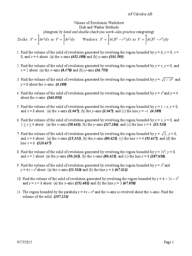 AP Calculus Volume of Revolution Worksheet | PDF | Volume | Area