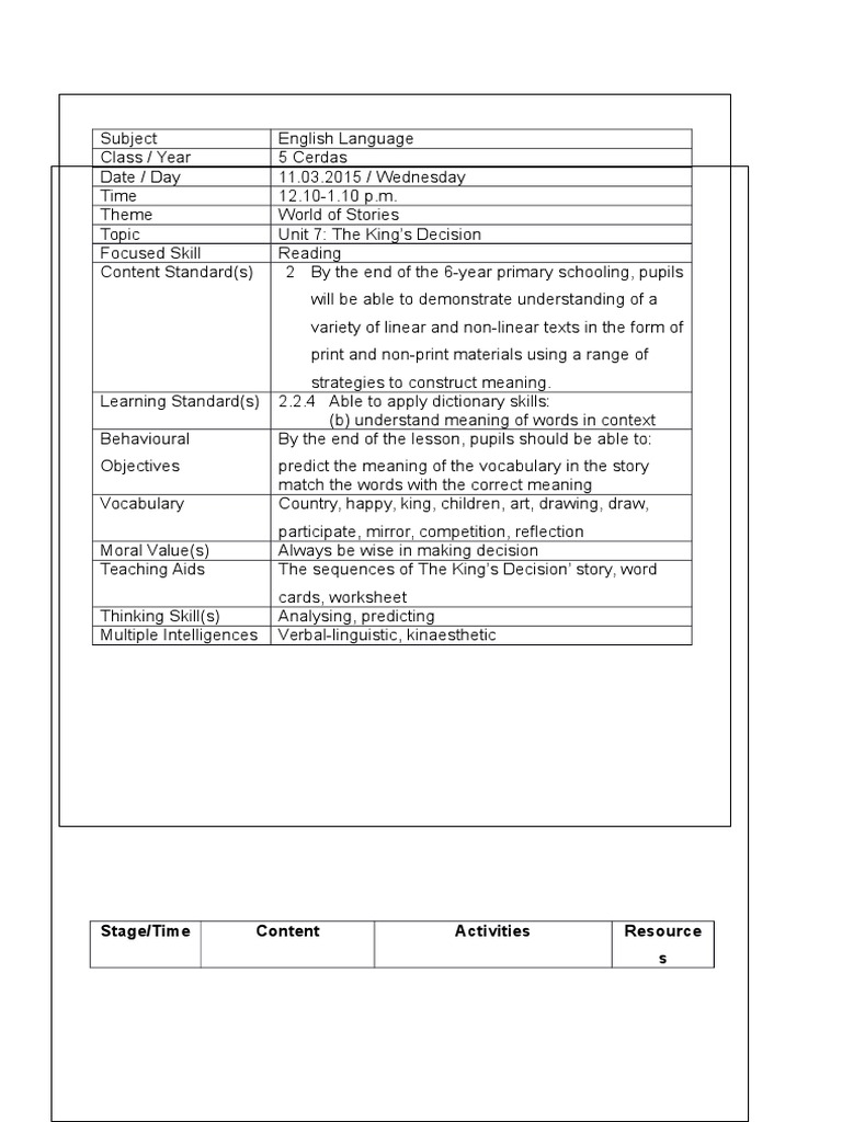 Lesson Plan Using The Kings Decision Story To Teach Year 5 | PDF ...