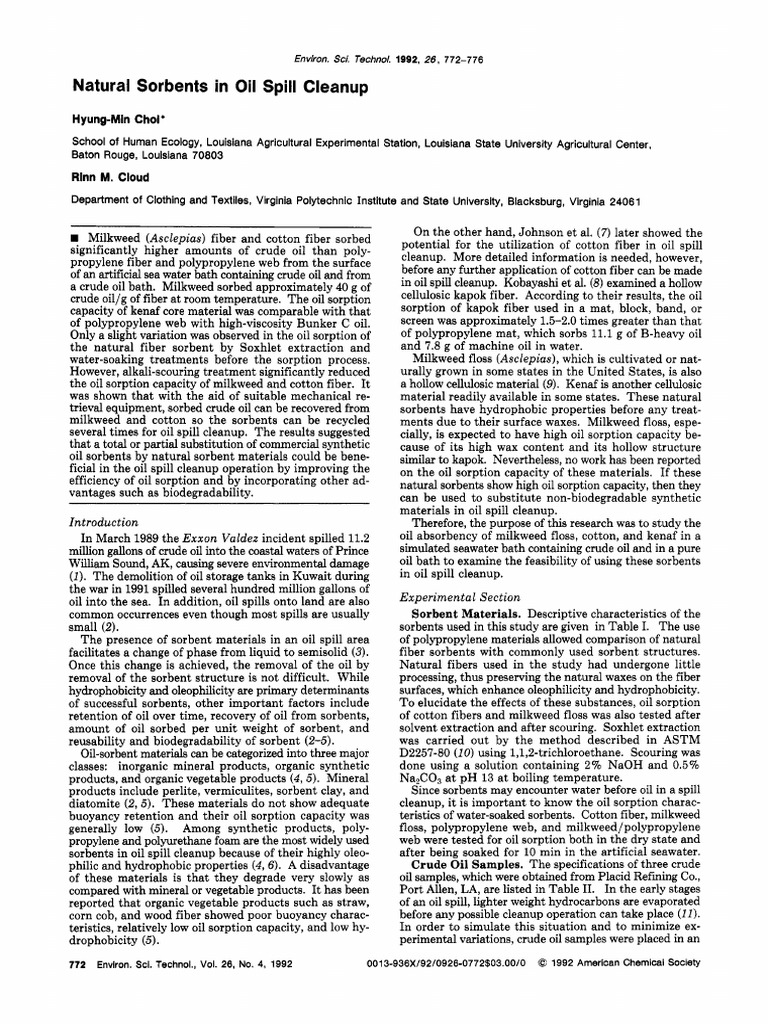 Natural Sorbents in Oil Spill Cleanup | PDF | Petroleum | Fibers