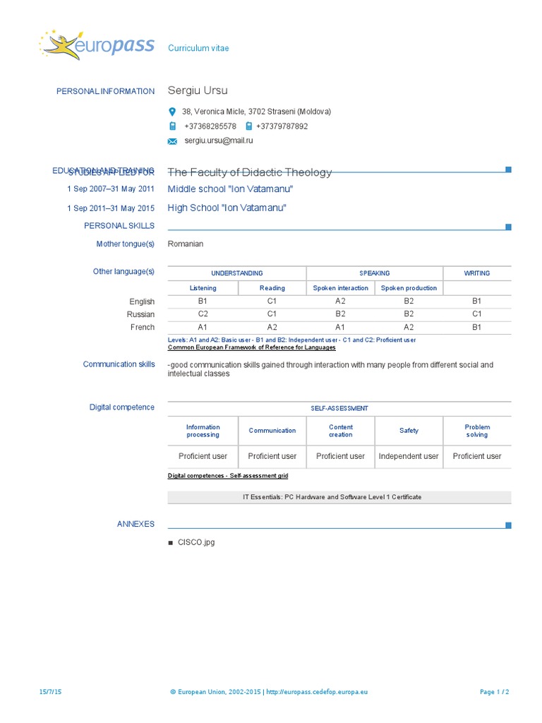 Europass CV ESP Sergiu Ursu EN | PDF | Human Communication | Semiotics