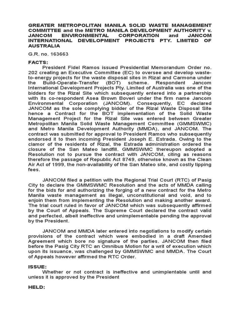 GREATER METROPOLITAN MANILA SOLID WASTE MANAGEMENT COMMITTEE and the ...