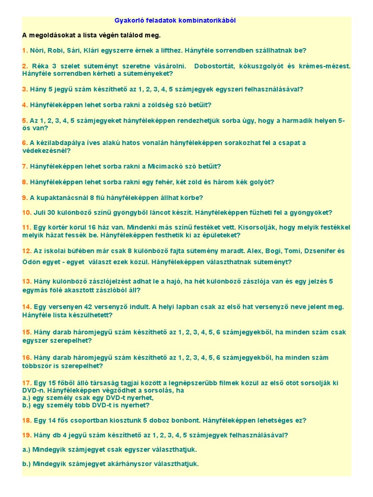 Kombinatorika Feladatok Megoldással | PDF