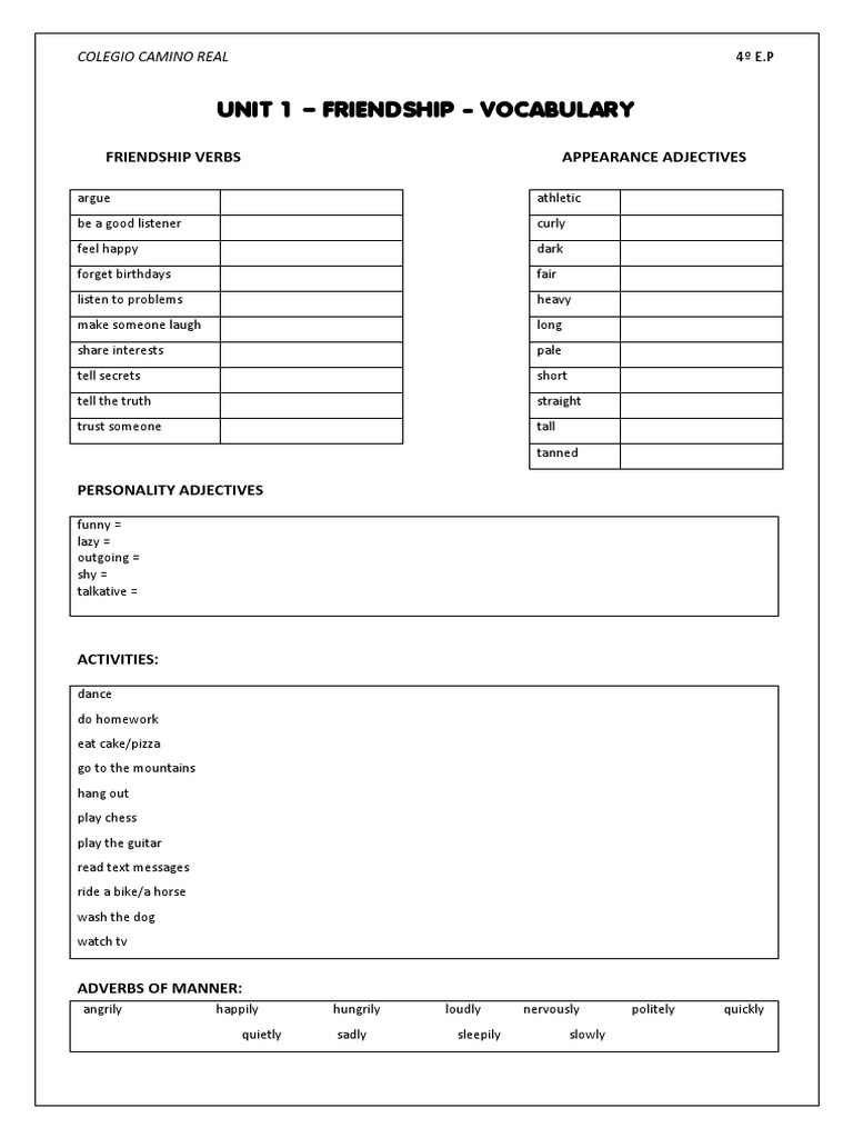 Vocabulary for Friendship Unit 1 | PDF