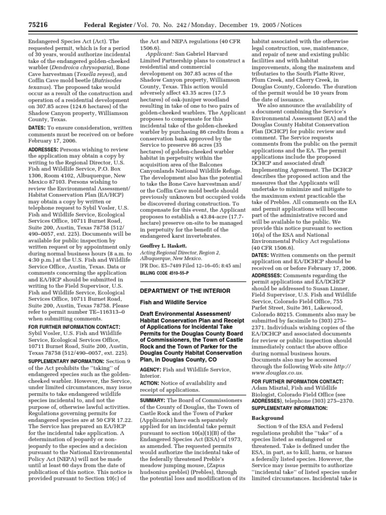 Notice: Environmental Statements Availability, Etc.: Incidental Take ...