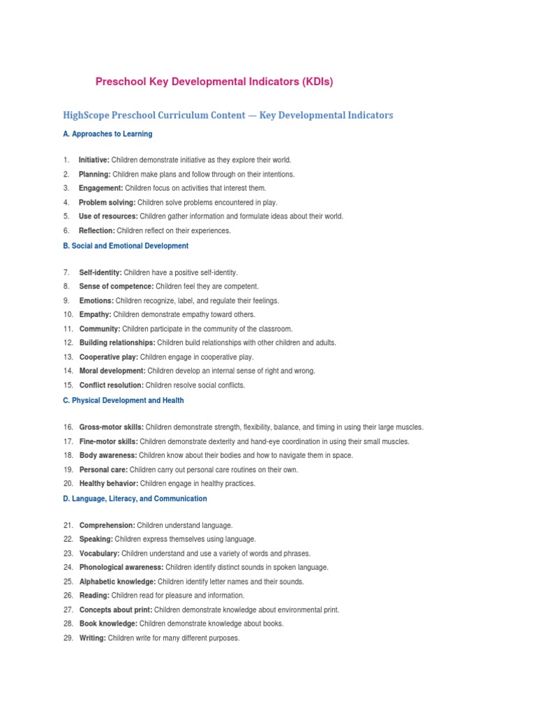 Preschool Key Developmental Indicators | PDF | Preschool | Empathy