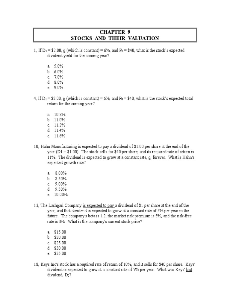 Test Bank Chapter 9 | PDF | Beta (Finance) | Stocks