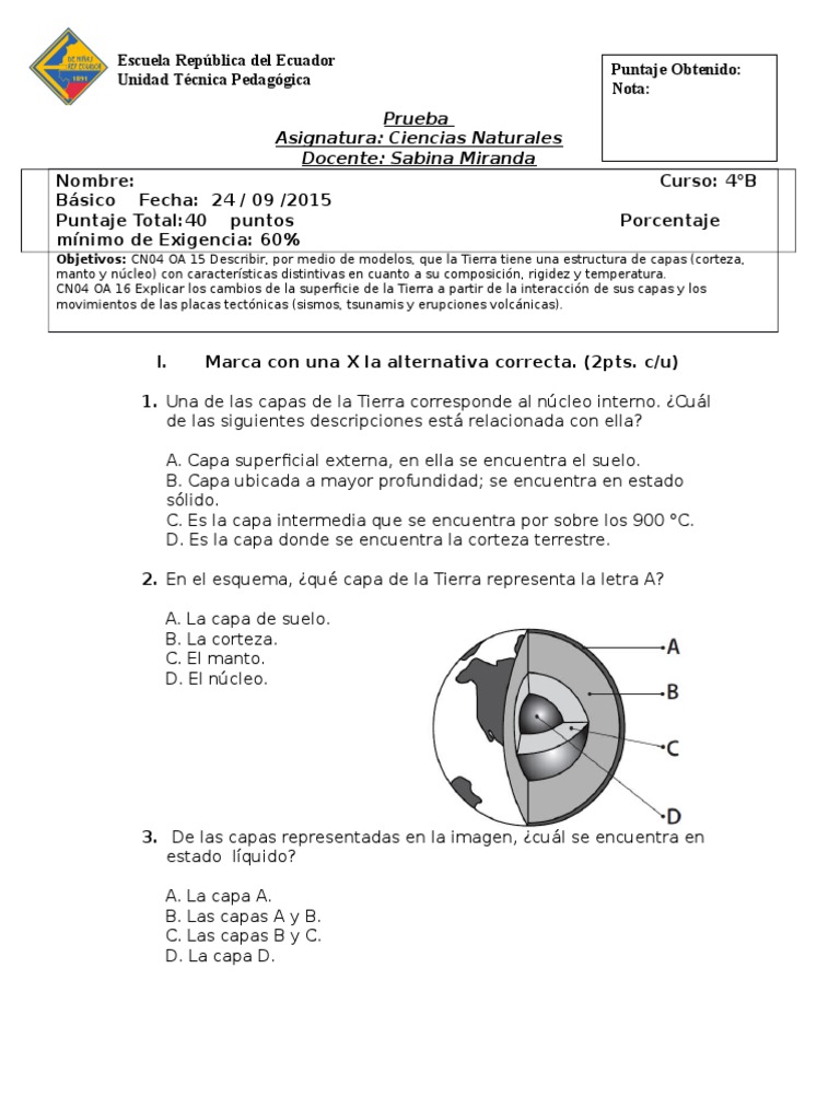 Prueba de Ciencias Naturales, La Tierra, Estructura y Cambios | Manto ...