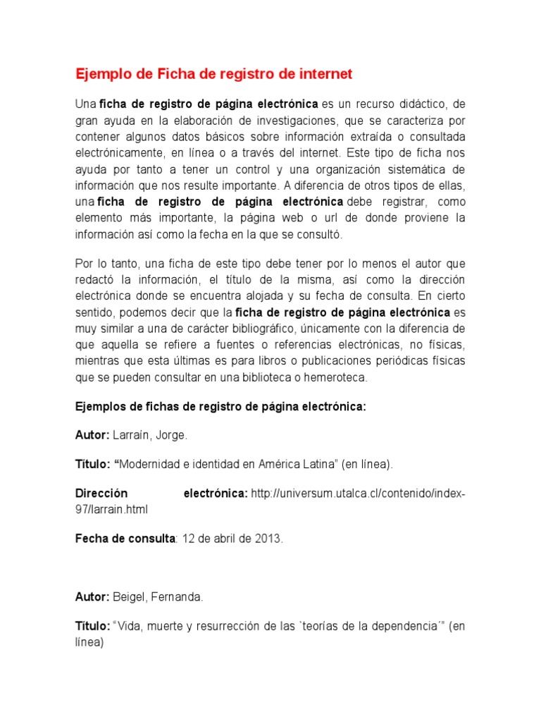 Ejemplo de Ficha de Registro de Internet | PDF