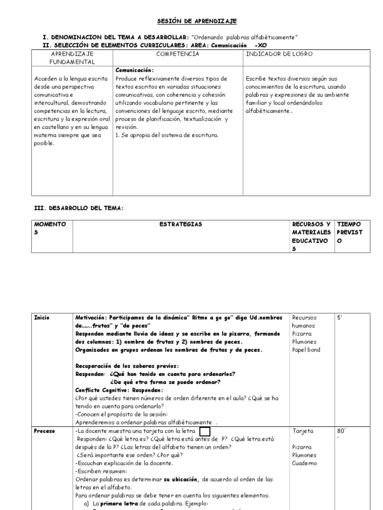 Sesión de Aprendizaje Orden Alfabético | PDF | Alfabeto | Escritura