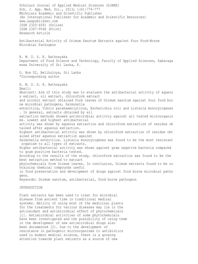 ) Antibacterial Activity of Ocimum Sanctum Extracts | PDF | Antimicrobial | Antibiotics