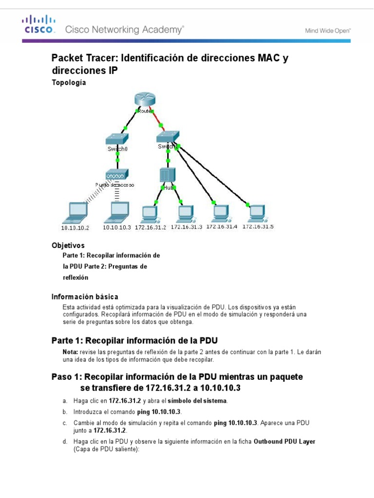 5.1.4.4 Packet Tracer: Identificación de Direcciones MAC y IP | PDF | Enrutador (Computación ...