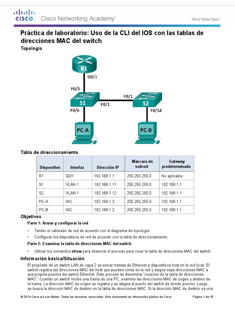 5.3.1.10 Práctica de Laboratorio: Visualización de La Tabla de Direcciones MAC Del Switch | PDF ...