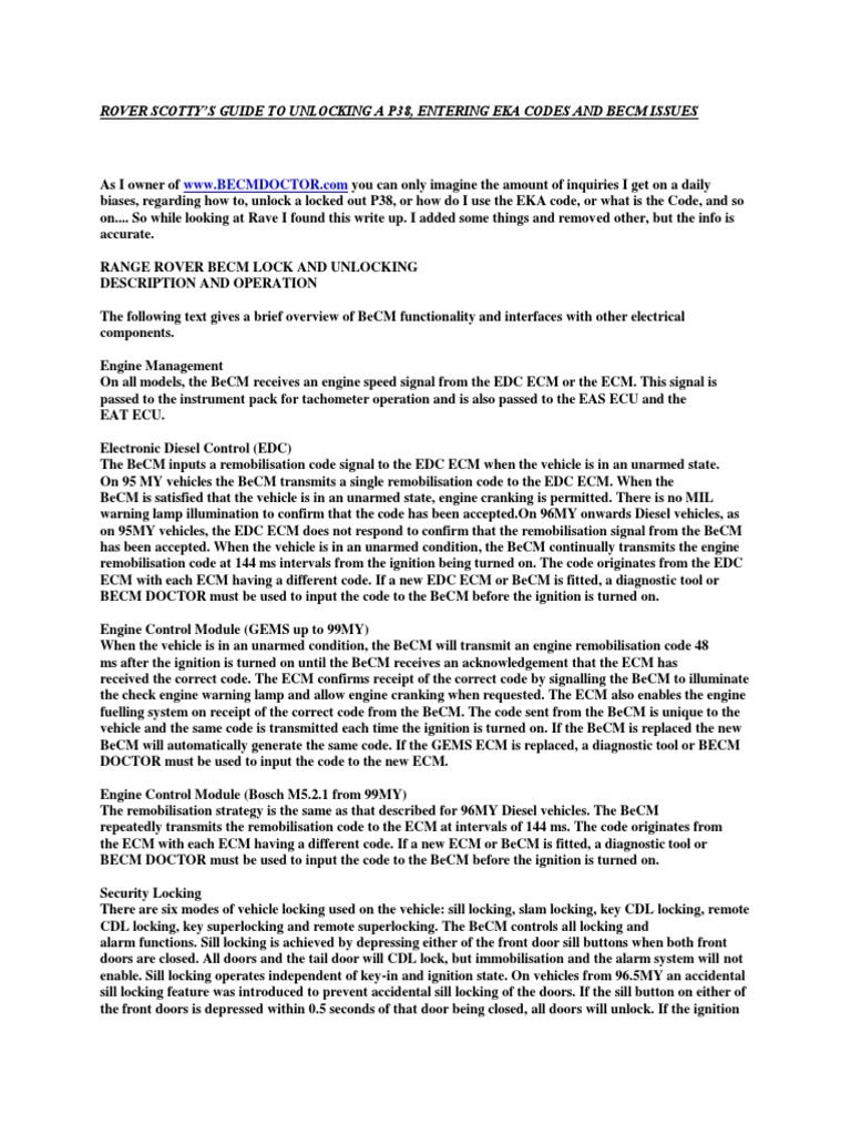 Rover Scotty - S Becm & Eka Code Guide | PDF | Ignition System | Manufactured Goods