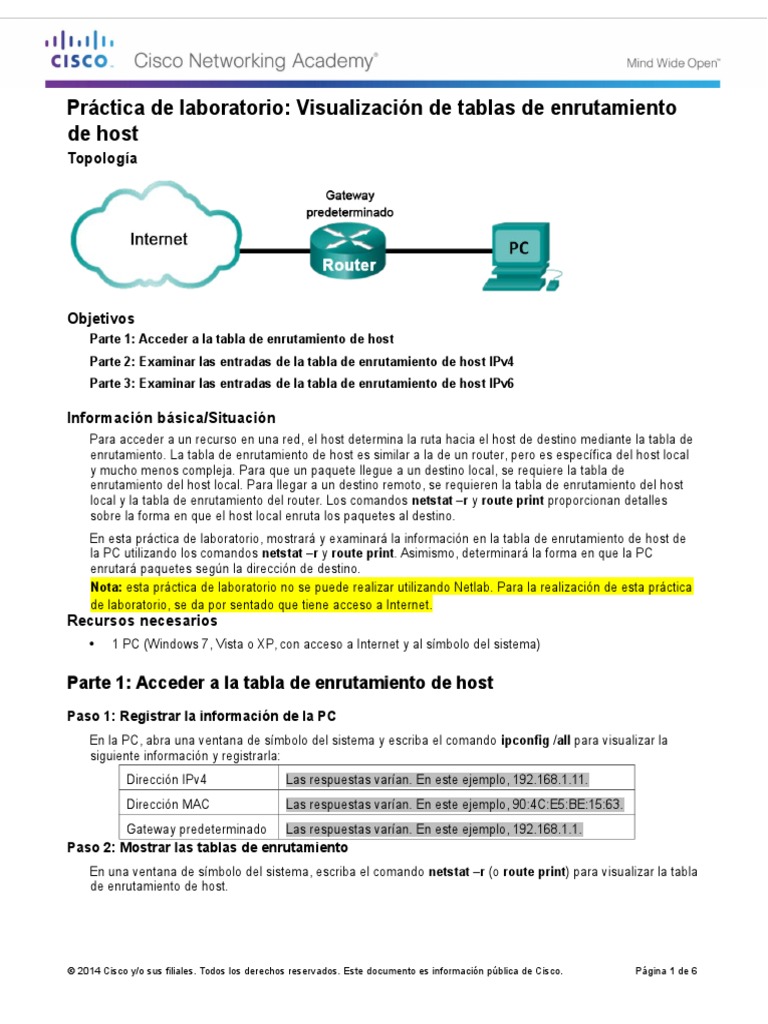 6.2.2.8 Práctica de Laboratorio: Visualización de Tablas de Enrutamiento de Host | PDF | Yo Pv6 ...