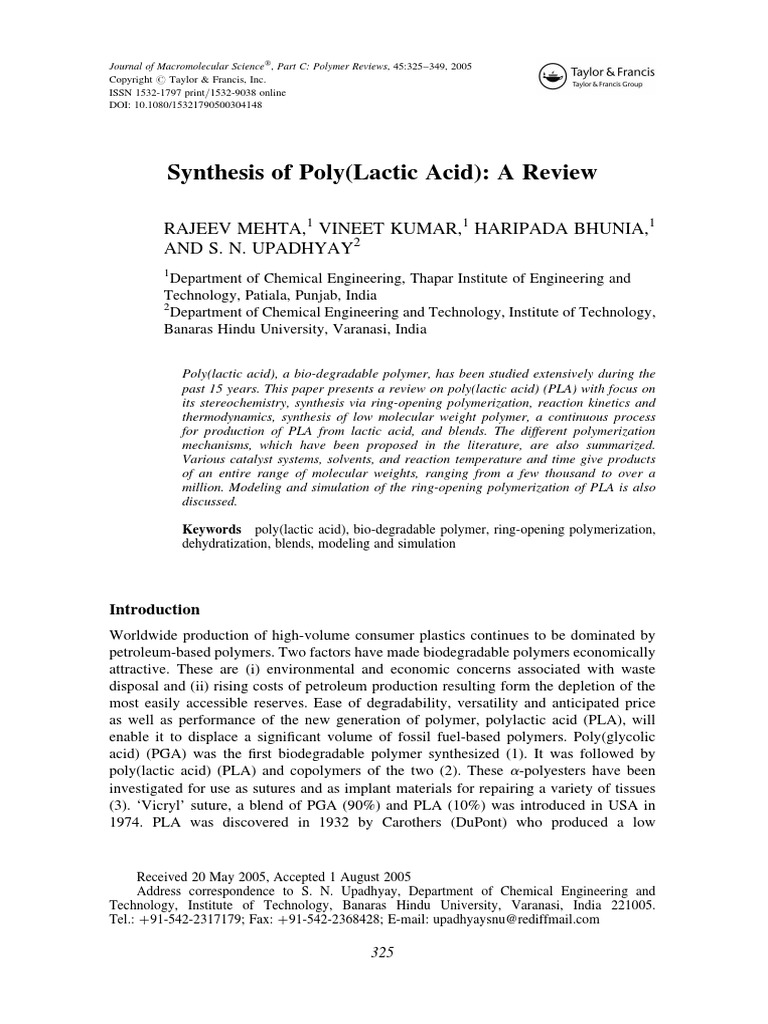Synthesis of Poly (Lactic Acid) A Review | PDF | Polymerization | Polymers