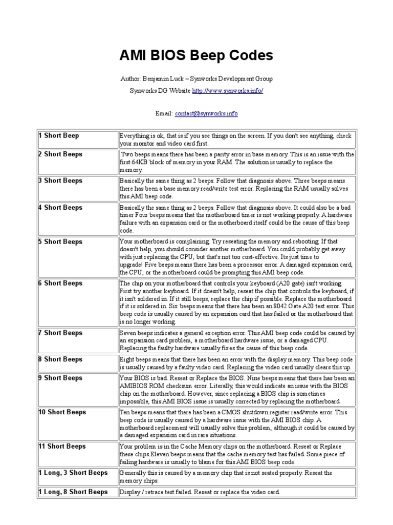 Ami Bios Beep Codes Reference | PDF | Bios | Random Access Memory