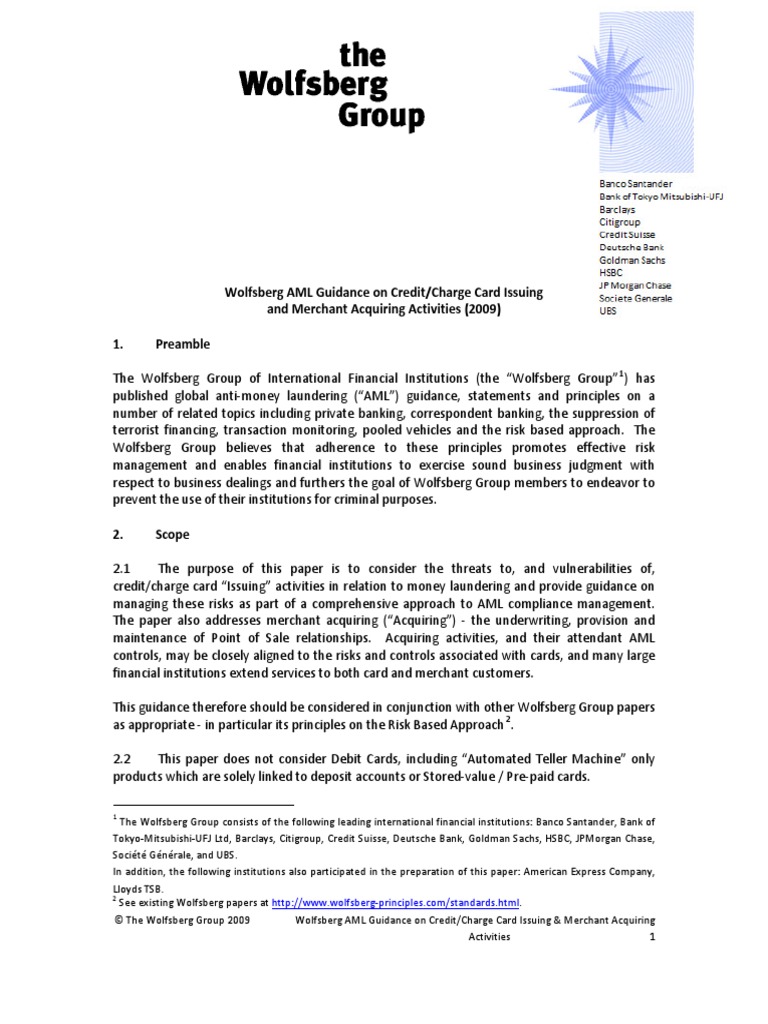 Wolfsberg Credit Cards AML Guidance (2009) | Download Free PDF | Money ... Wolfsberg Credit Cards AML Guidance (2009) | Download Free PDF | Money ...