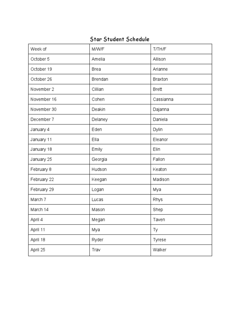 Star Student Schedule Overview | PDF