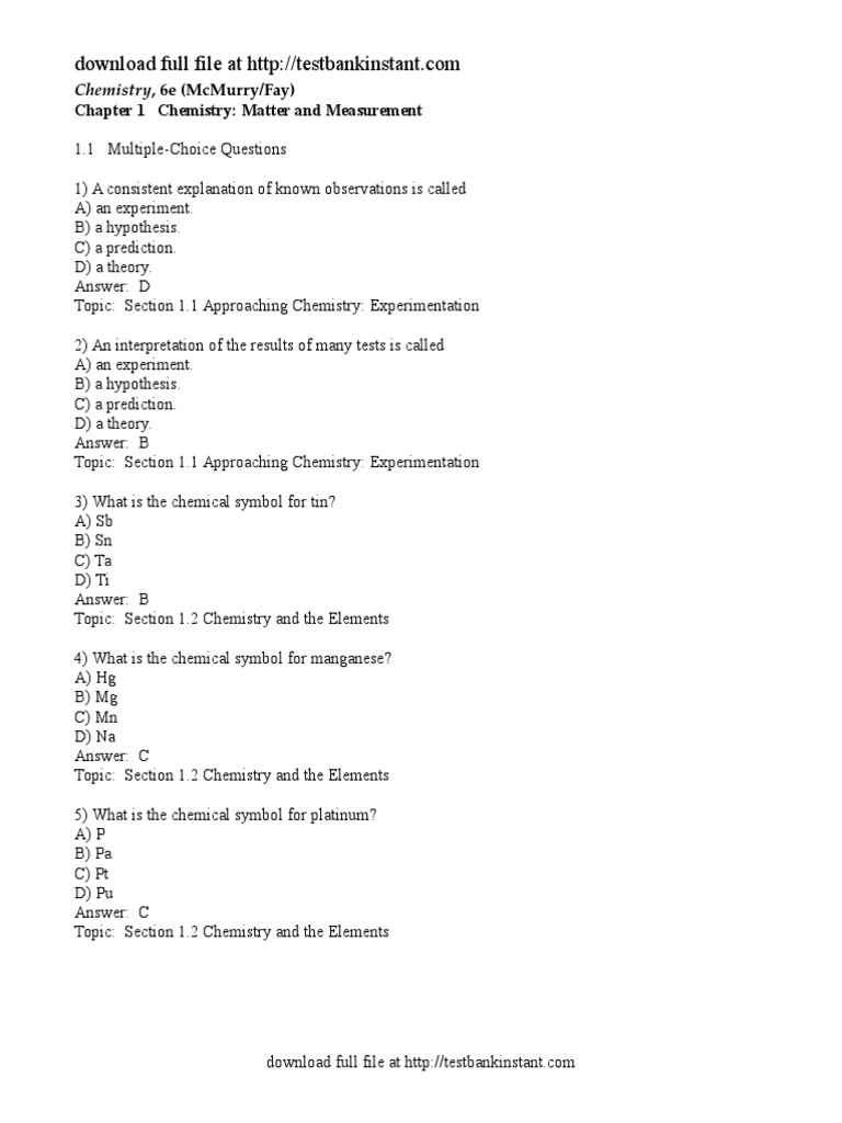 Test Bank For Chemistry - Chapter 1 | PDF | Periodic Table | Chemical ...