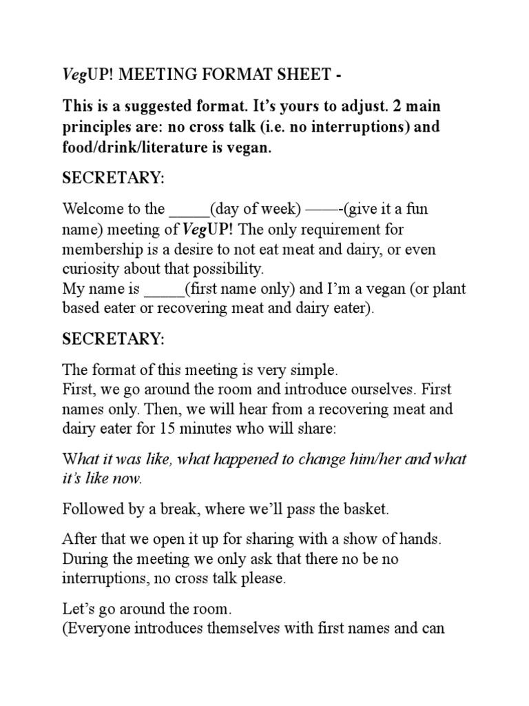 VegUp Support Group Meeting Outline | PDF | Veganism | Food And Drink