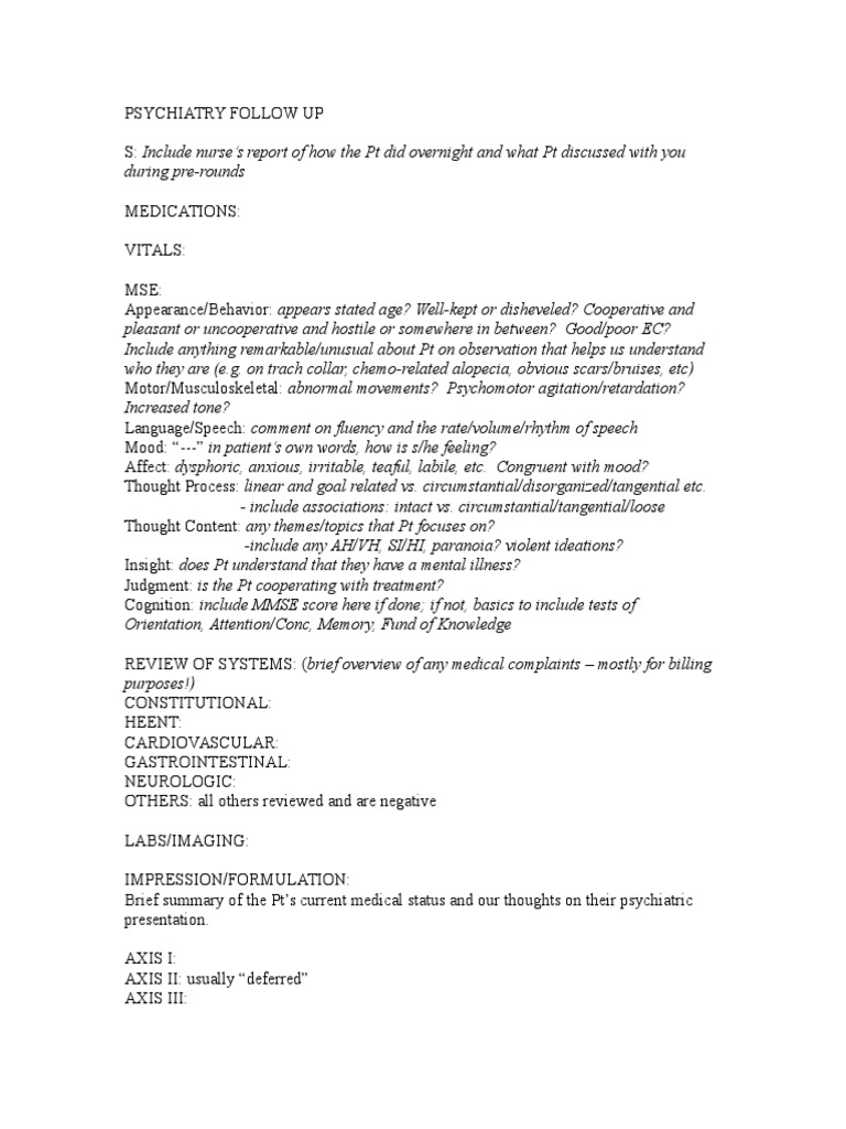 Psychiatry Follow-Up Assessment Template | PDF | Self-Improvement ...