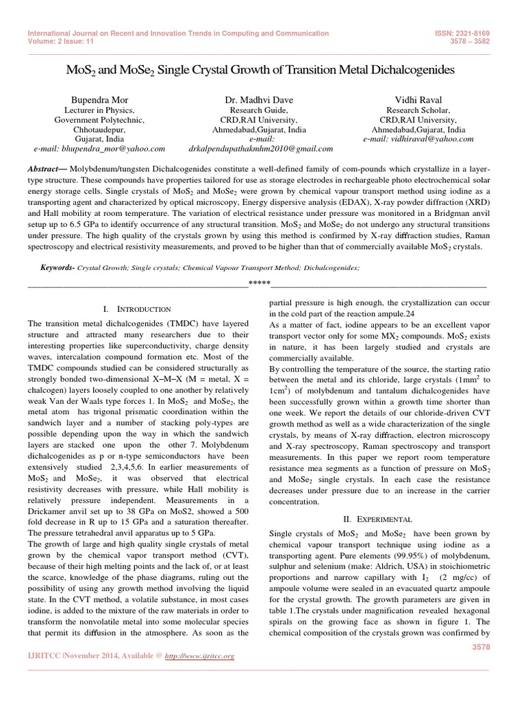 MoS2 and MoSe2 Single Crystal Growth of Transition Metal ...
