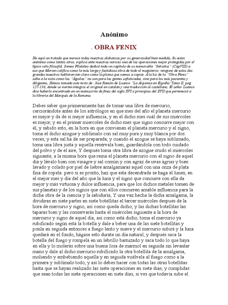 Anonimo Obra Fenix | PDF | Mercurio (Elemento) | Alquimia