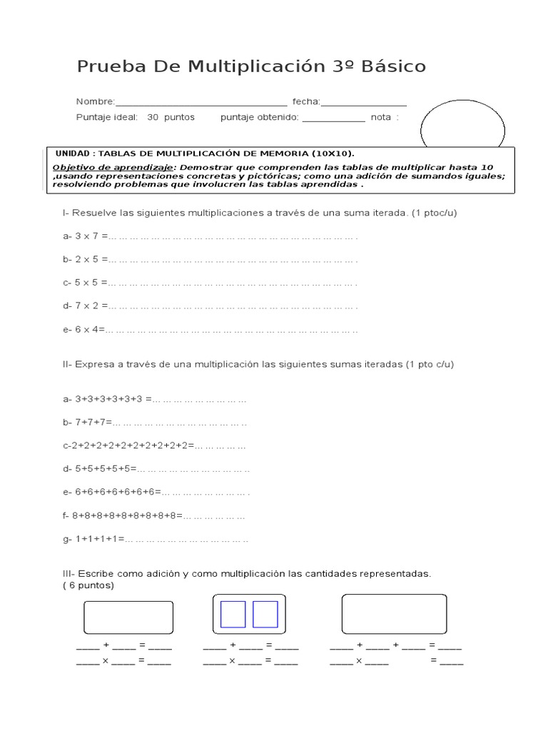Prueba de Multiplicación 3º Básico | PDF
