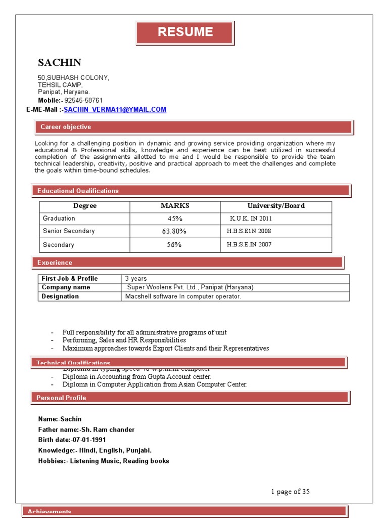 Resume: Sachin | Download Free PDF | Diploma | Leadership